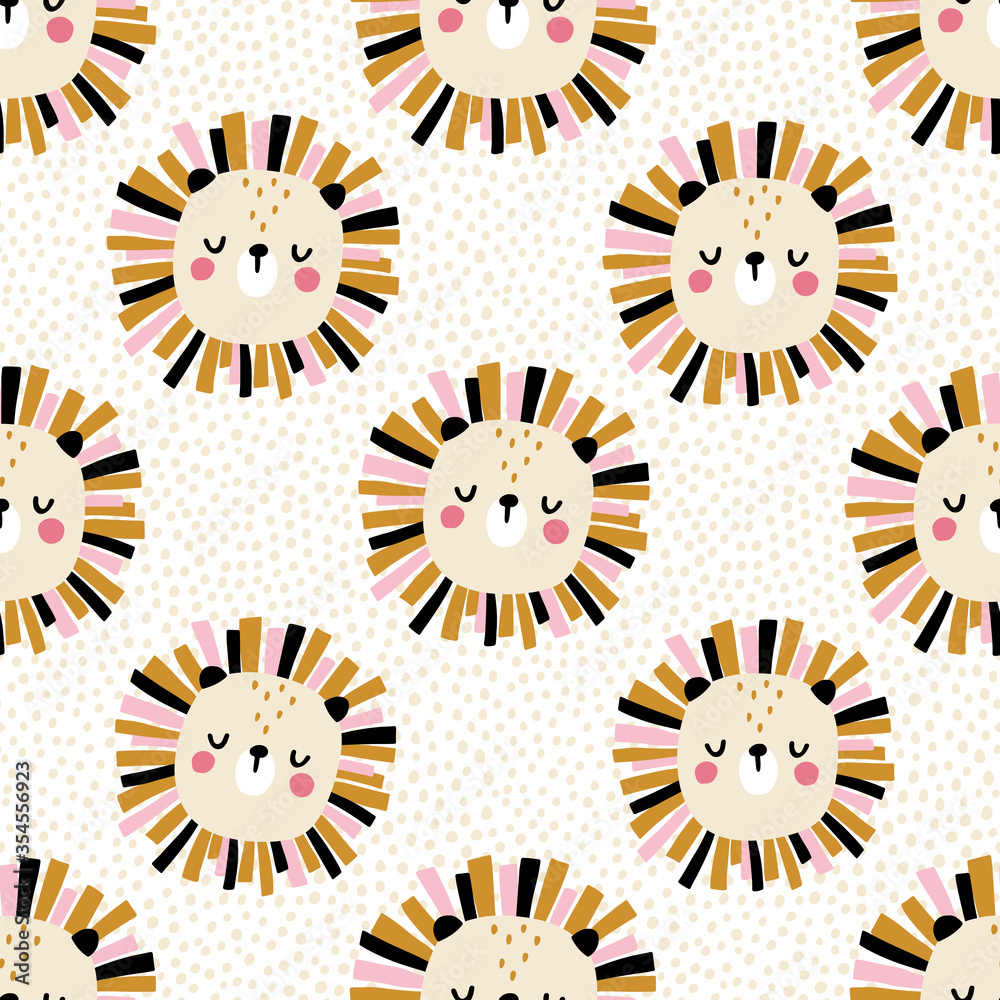 Lion with polka dots. Seamless pattern with cute animals faces ...