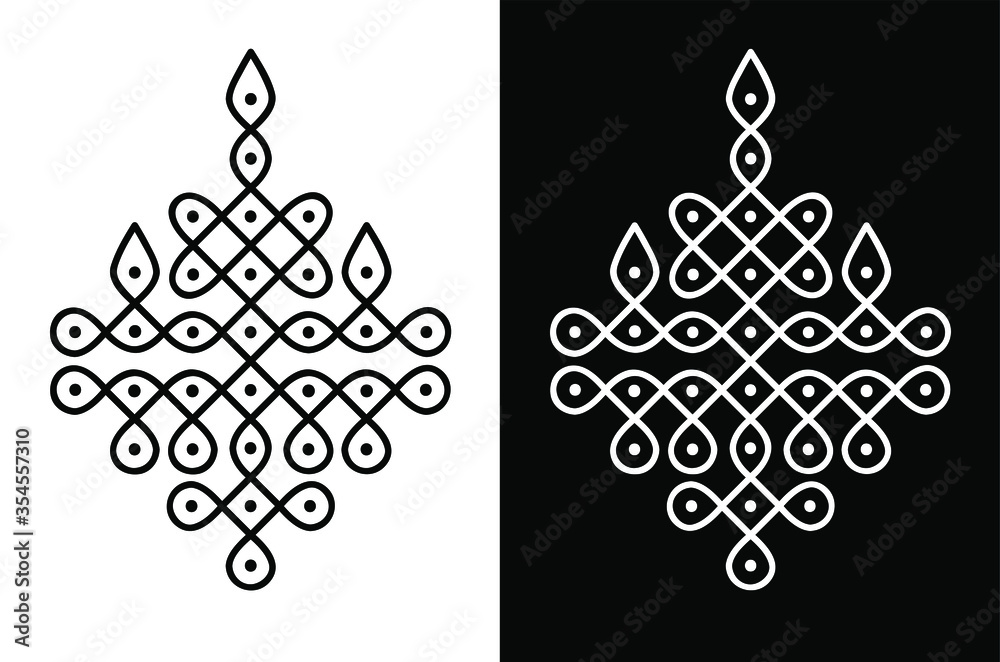 indian traditional and cultural Rangoli or Kolam isolated on black and ...