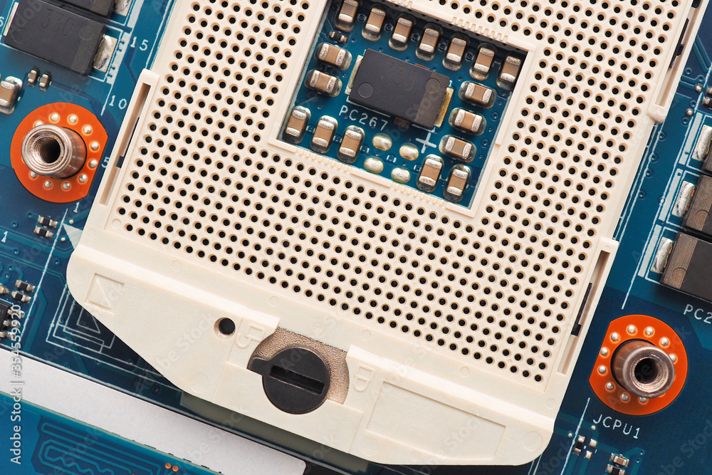 Computer central processor CPU socket close-up. A fragment of the motherboard. Illustration on ...