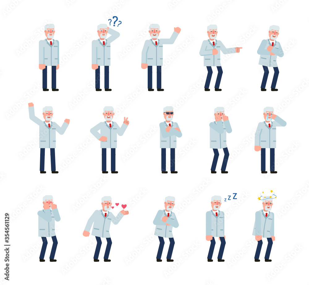 Set of old professor characters showing various emotions. Doctor ...