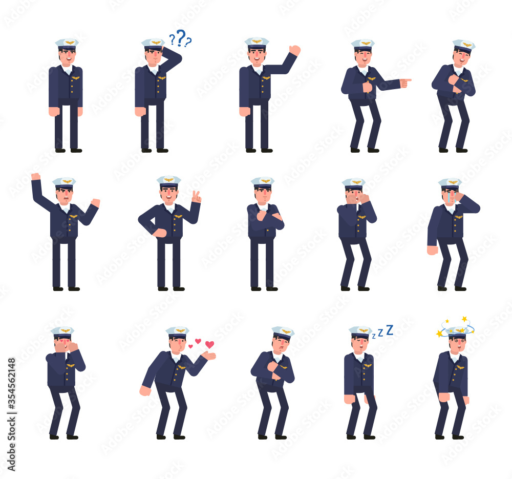 Set of airline pilot characters showing various emotions. Pilot ...