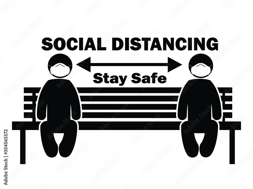 Social Distancing Stay Safe Stick Figure with Mask on Bench ...