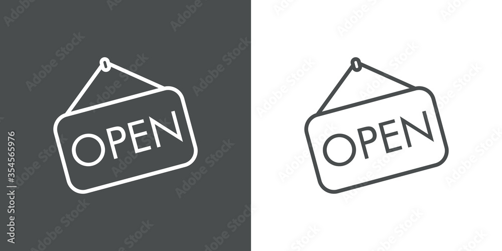 Icono plano lineal letrero colgar con palabra OPEN en fondo gris y ...