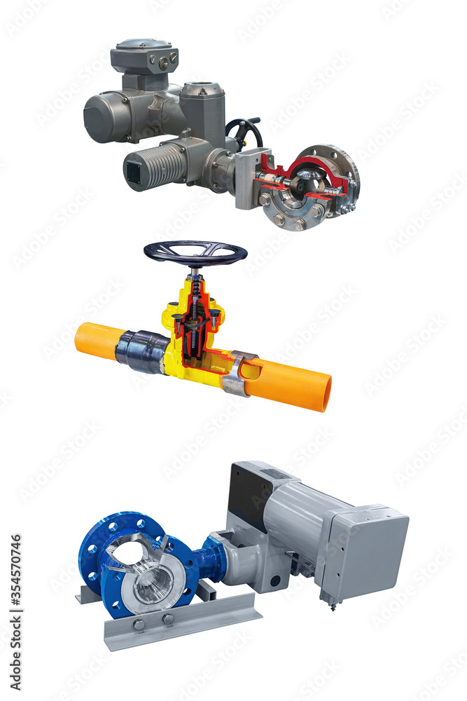 Longitudinal section. Control valves for fluid flow in the section ...
