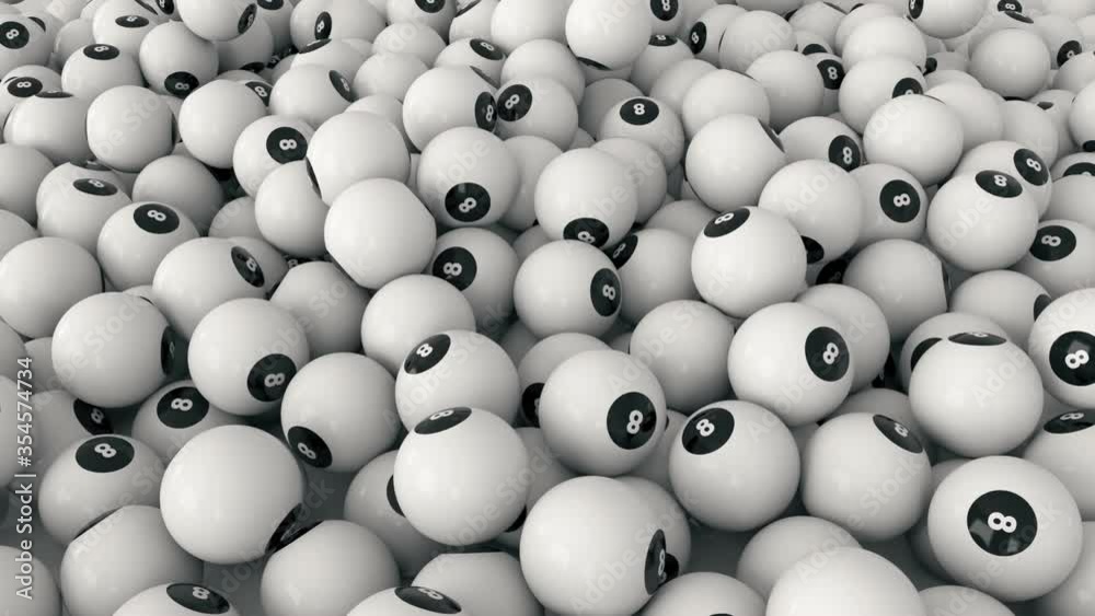 Magic 8 ball white color.Plastic sphere with number 8. Falling down ...