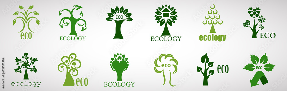 Collection Of Eco Tree And Organic Logo Set - Isolated On White ...