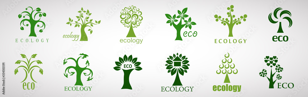 Collection Of Eco Tree And Organic Logo Set - Isolated On White ...