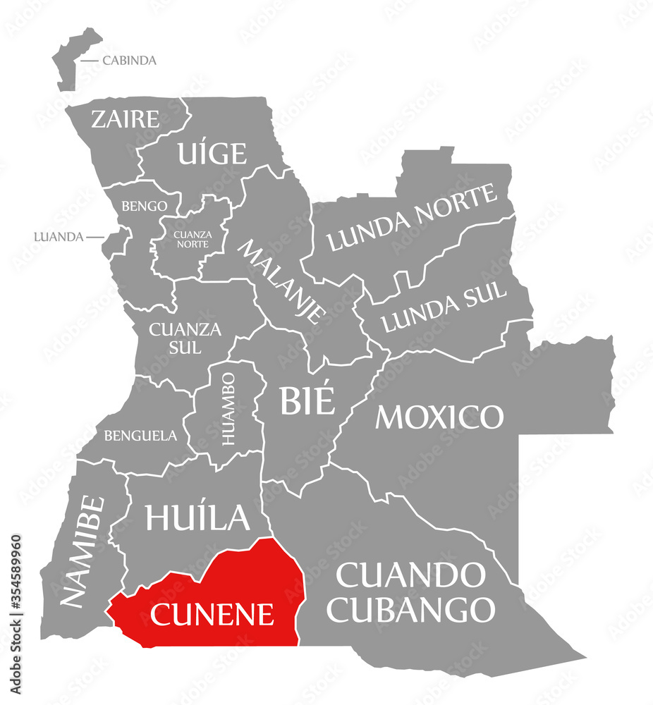 Cunene red highlighted in map of Angola Stock Illustration | Adobe Stock