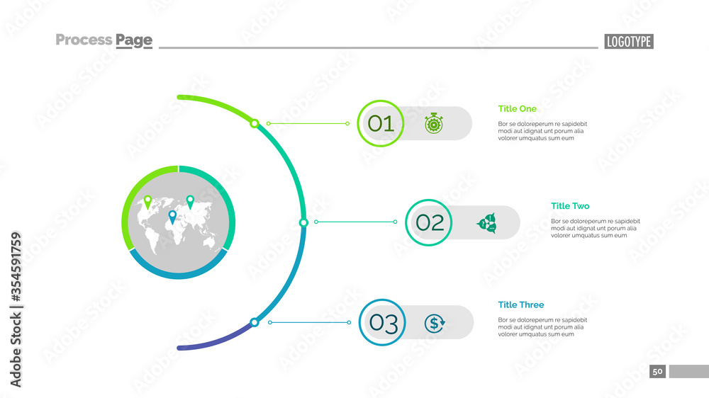 Three steps process chart slide template. Business data. Option ...