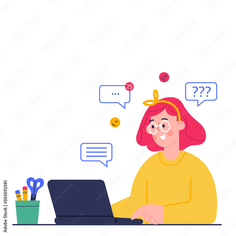 Distance study at school. Vector cartoon illustration of girl, studying ...