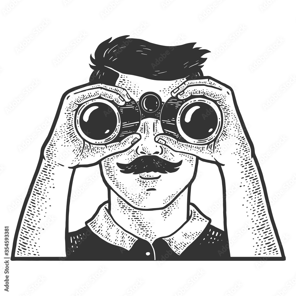 Man looking through binoculars sketch engraving vector illustration. T ...
