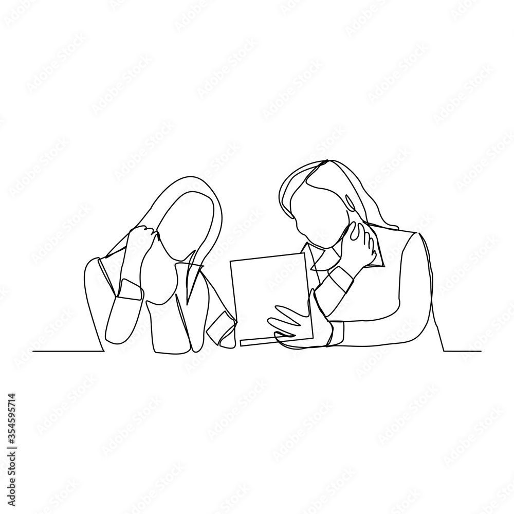 continuous line drawing of two women coworker talking something on ...