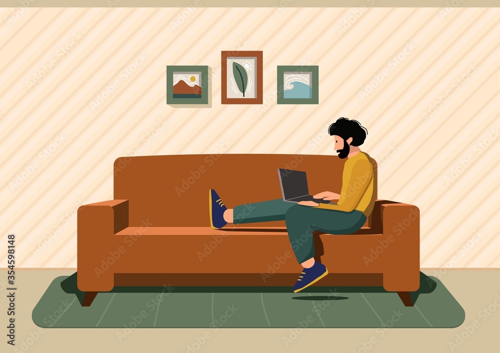 Freelance home or studying concept. Remote work. Man works sitting at ...