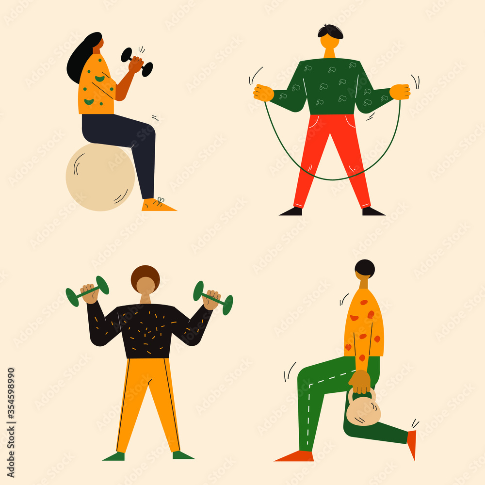 Vector illustration of a set ofpeople doing sports. Four people working ...