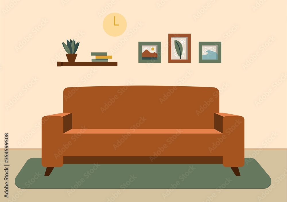 Cozy living room interior with furniture, shelves with books and wall ...