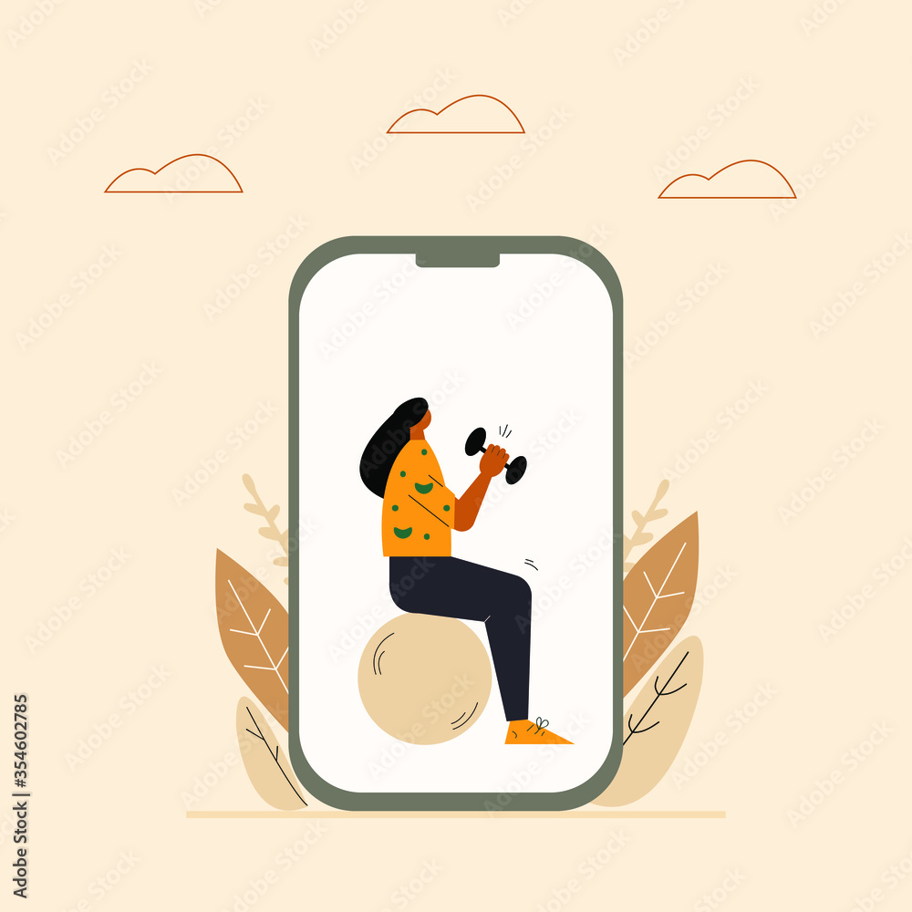 Fitness app concept vector illustration with african girl doing sports ...