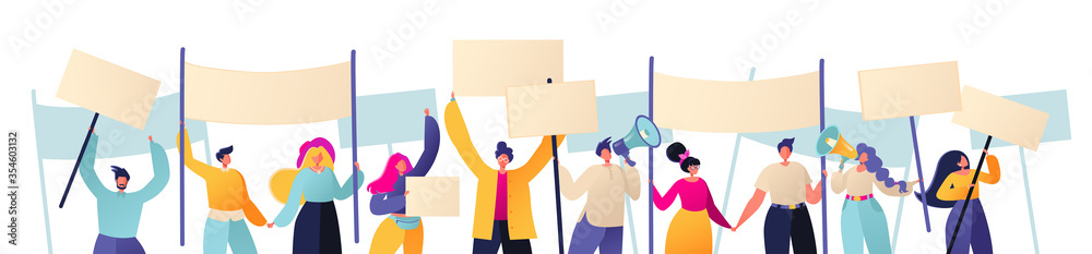 Horizontal banner for social networks with characters with placards and ...