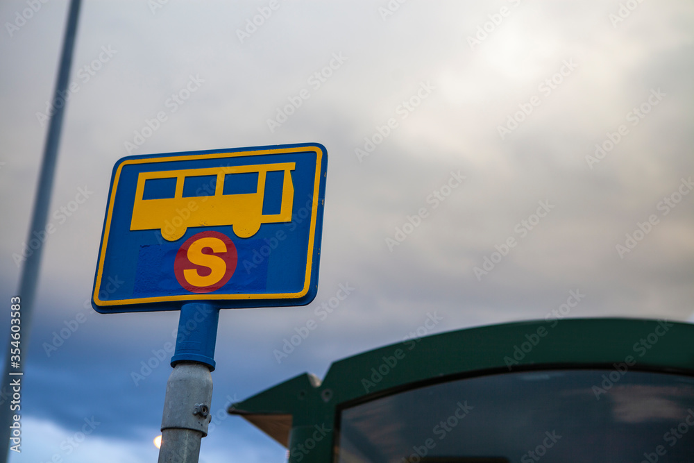 Bus stop sign in Reykjavik, Iceland. Modern public transport in the big ...