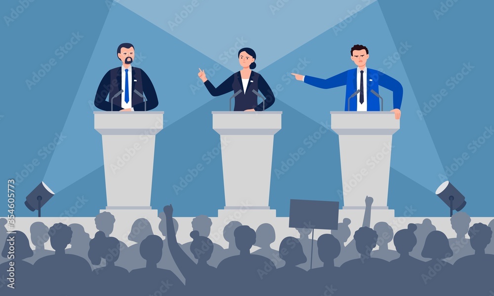 Politicians are discussing on stage. Debates concept. Candidates speech ...