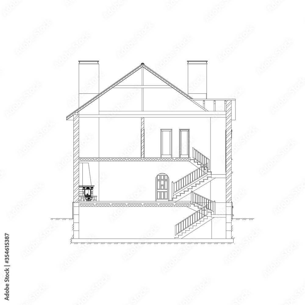 Architectural black and white background. Cross-section suburban house ...