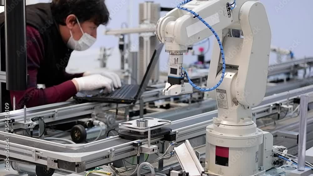Close-up robot arm. Man with surgical mask and gloves against COVID-19 ( Coronavirusis ) working ...