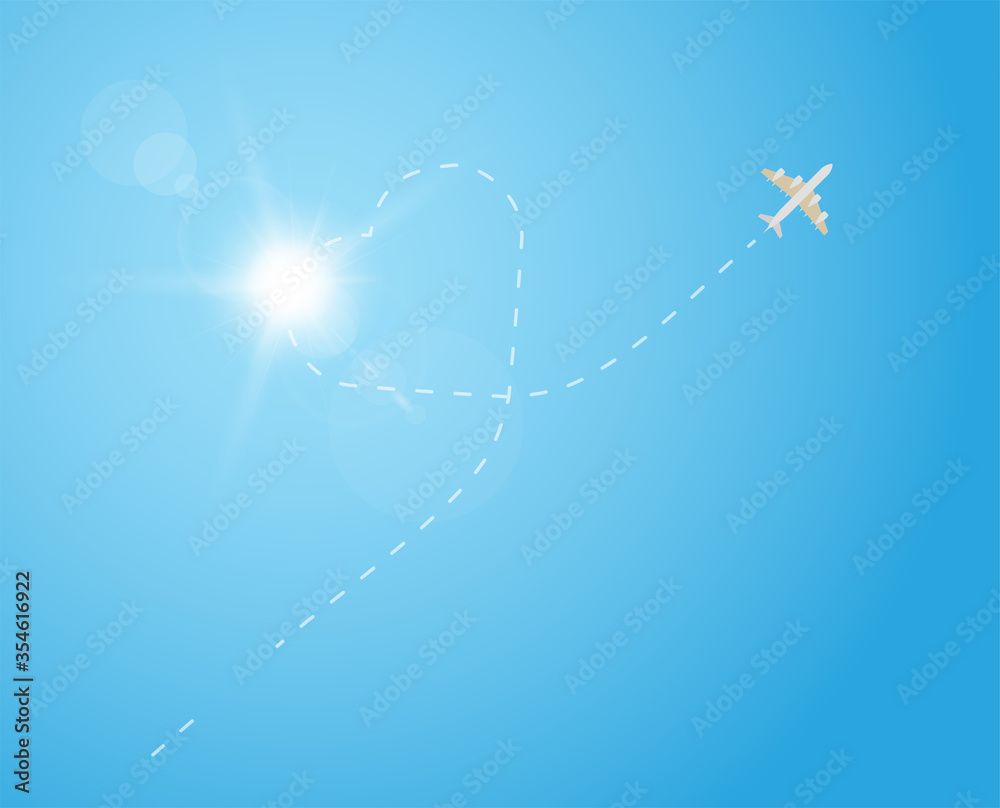 Plane silhouette flying diagonal in the sky with realistic sun and lens ...