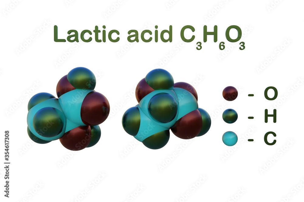 Structural chemical formula and space-filling molecular model of lactic ...
