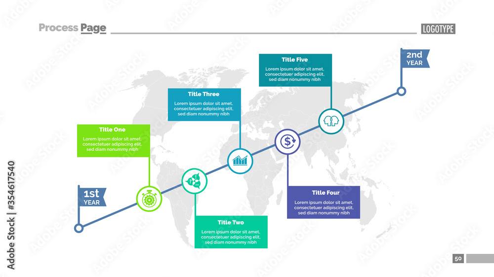 Timeline with five elements. Step chart, process diagram, slide ...