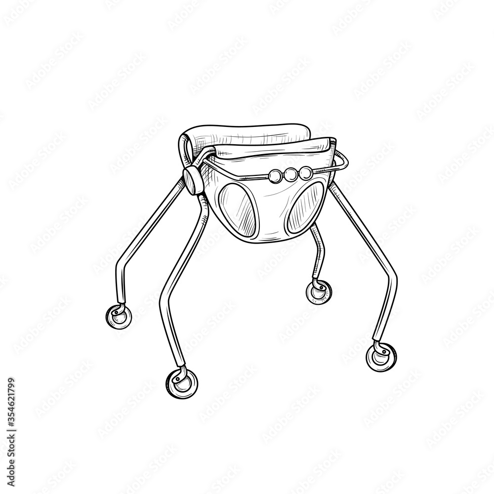 .Vintage baby walkers. Engraved vector sketch. Ink drawing object on a ...