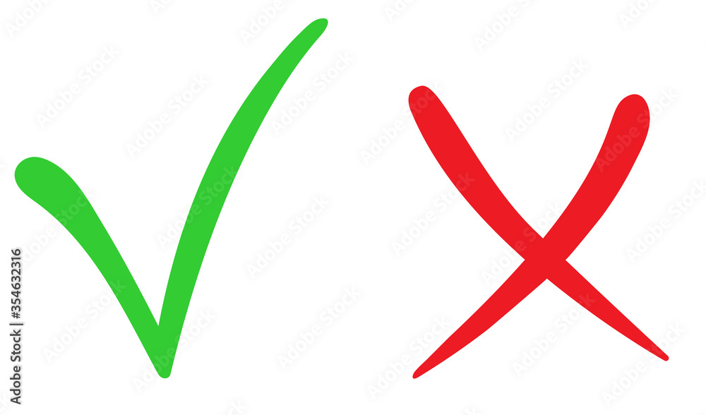 Yes and no symbols. Green check mark and red cross icon symbol isolated ...