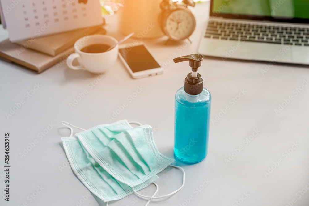 Coronavirus Virus Protection concept.Alcohol gel and hygiene mask To ...