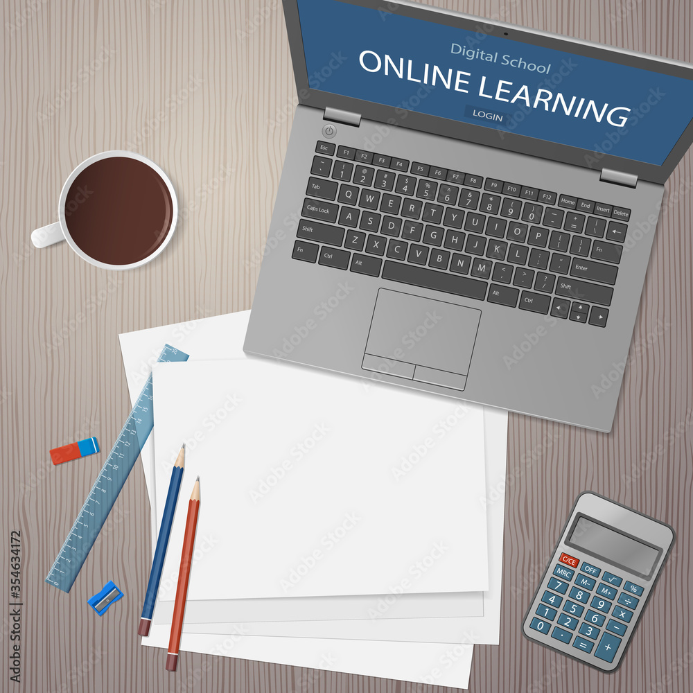 Desktop with laptop and school supplies. Online learning website page ...