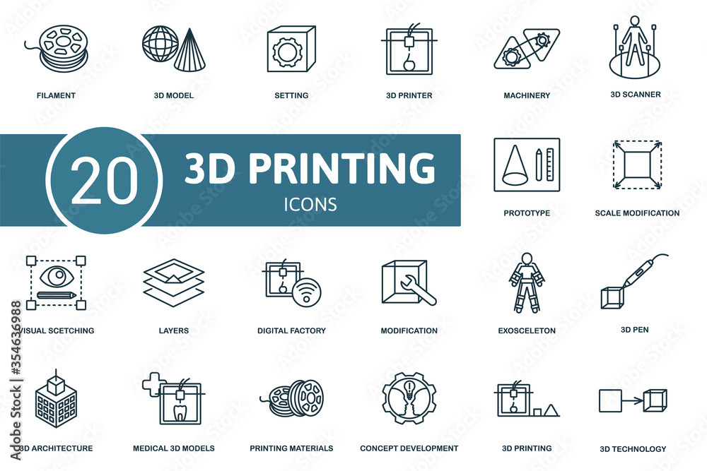3D Printing icon set. Collection contain filament, model, setting ...