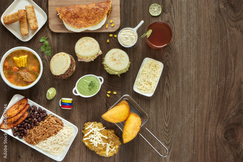 Venezuelan food varied, arepa, tostones, patacon, sancocho, beef soup ...