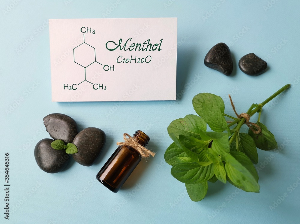 Structural chemical formula of menthol molecule with fresh green mint ...