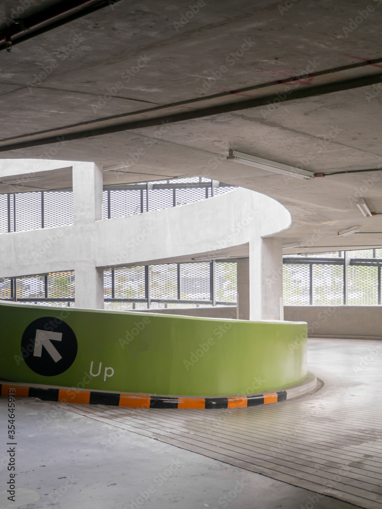 ramp of a parking structure. There is a yellow, black symbol. Stock ...