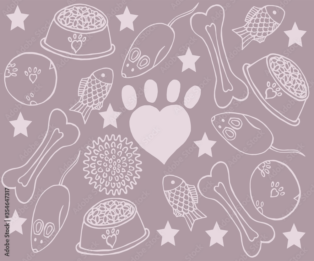 Freehand drawing of pet items. Background of pink color from items for ...