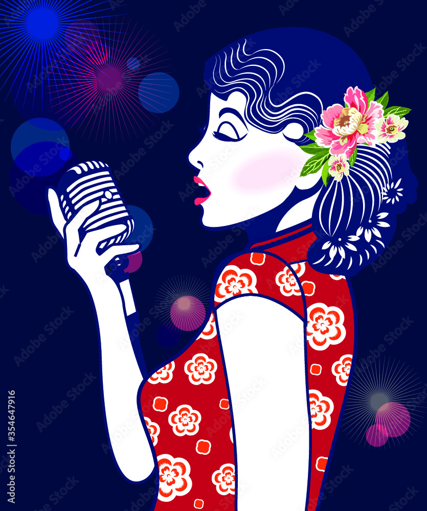 Retro Chinese Lady singer sing holding vintage microphone. Vector ...