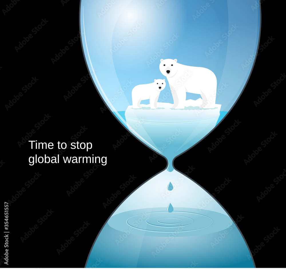 Polar bears on a melting ice floe inside an abstract water clock. "Time ...