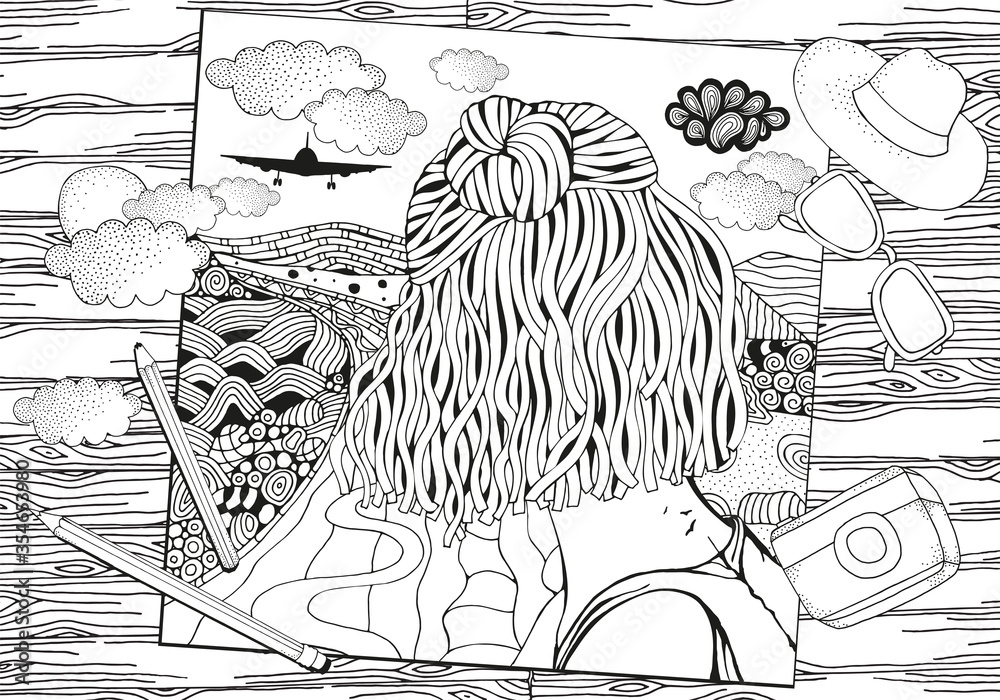 The girl is looking into the distance. The plane flies away above the ...