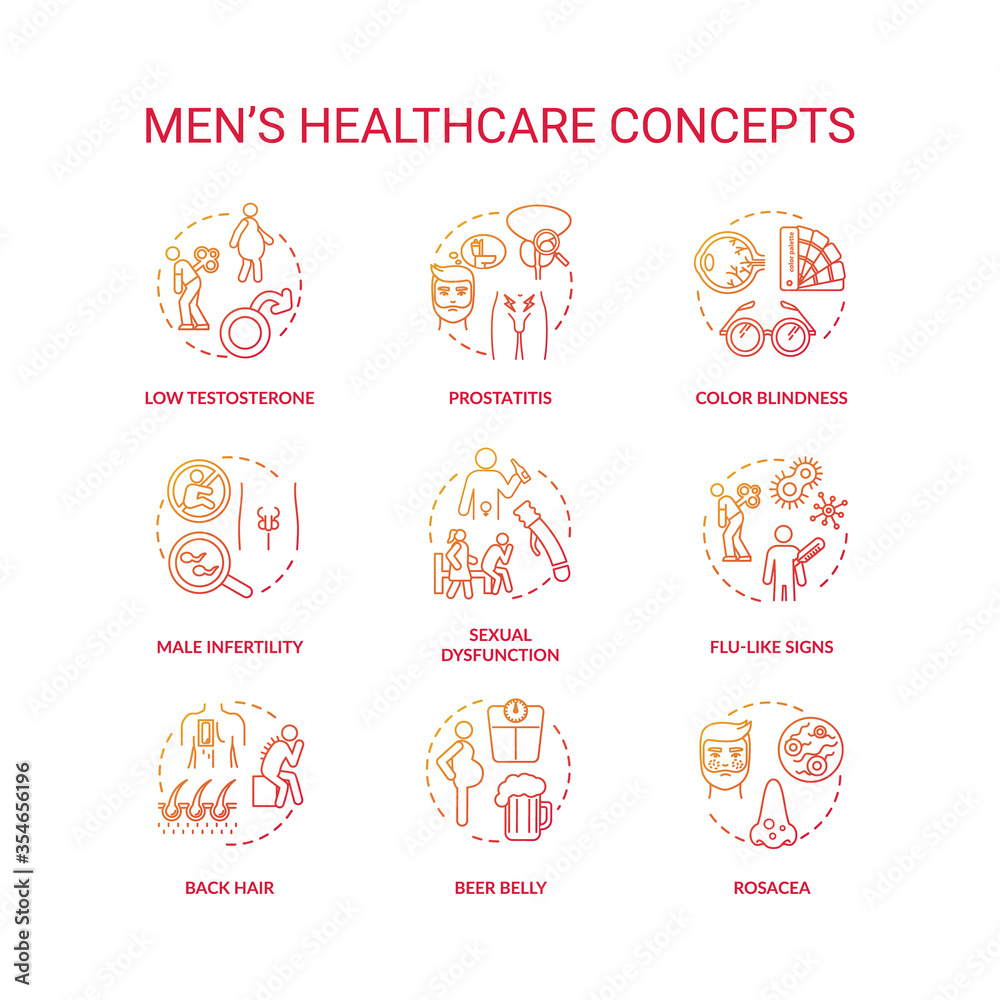 Mens healthcare concept icons set. Common diseases and health risks for ...