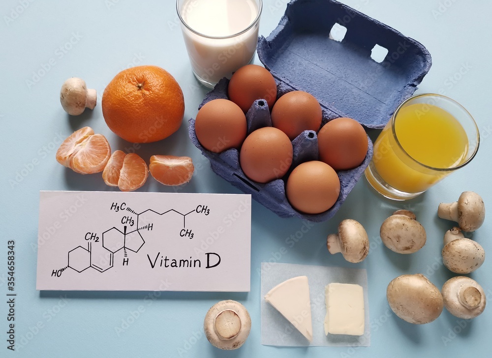 Foods high in vitamin D with structural chemical formula of vitamin D ...