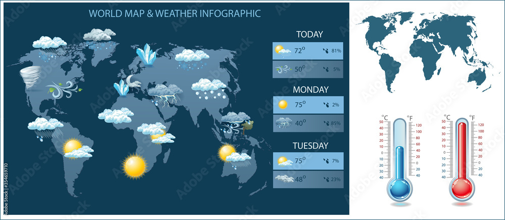 Vector world map and weather infographic. Icons and worldmap silhouette ...