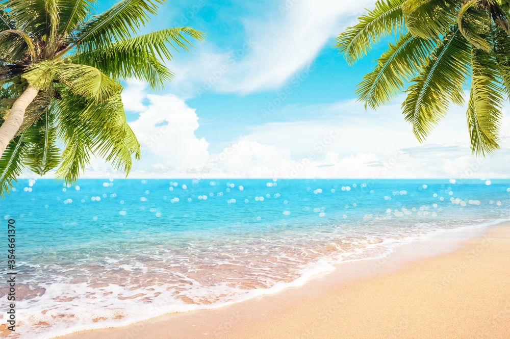 Beautiful nature green coconut palm leaf on tropical sandy beach with ...