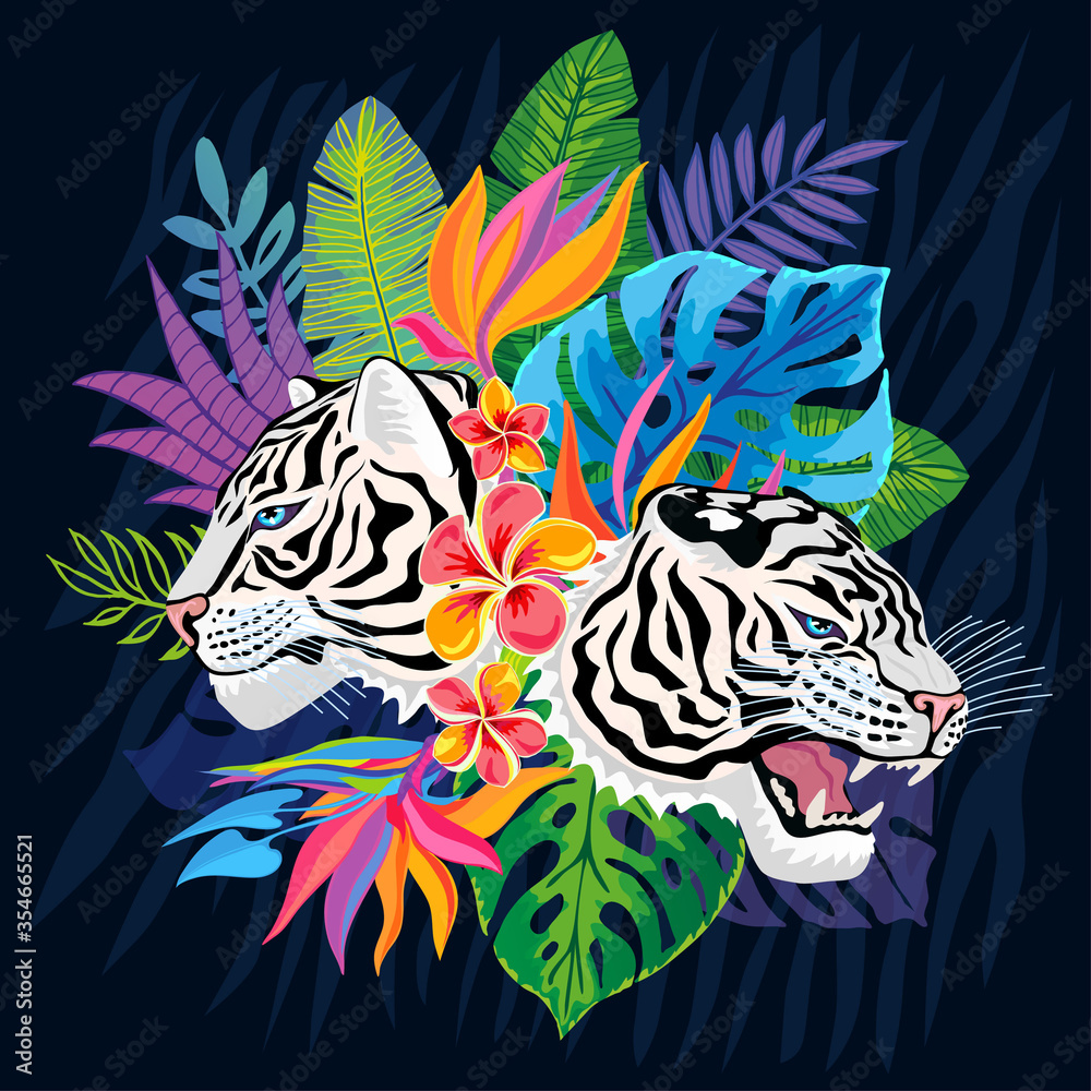 White tiger head roar wild cat in colorful jungle. Rainforest tropical ...