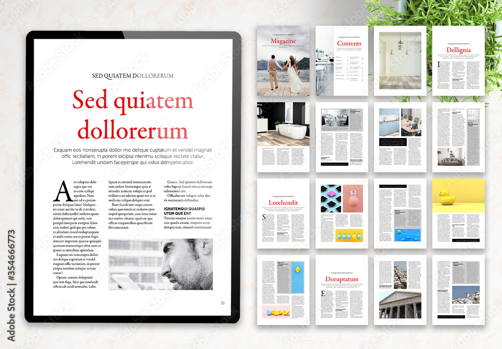 Digital Magazine Layout with Red Accents Stock Template | Adobe Stock