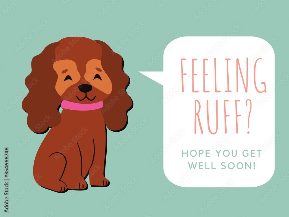 Cute little happy brown dog with get well soon message in ocean blue ...