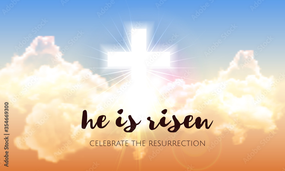 He is risen. Easter banner background with clouds, divine sunlight ...