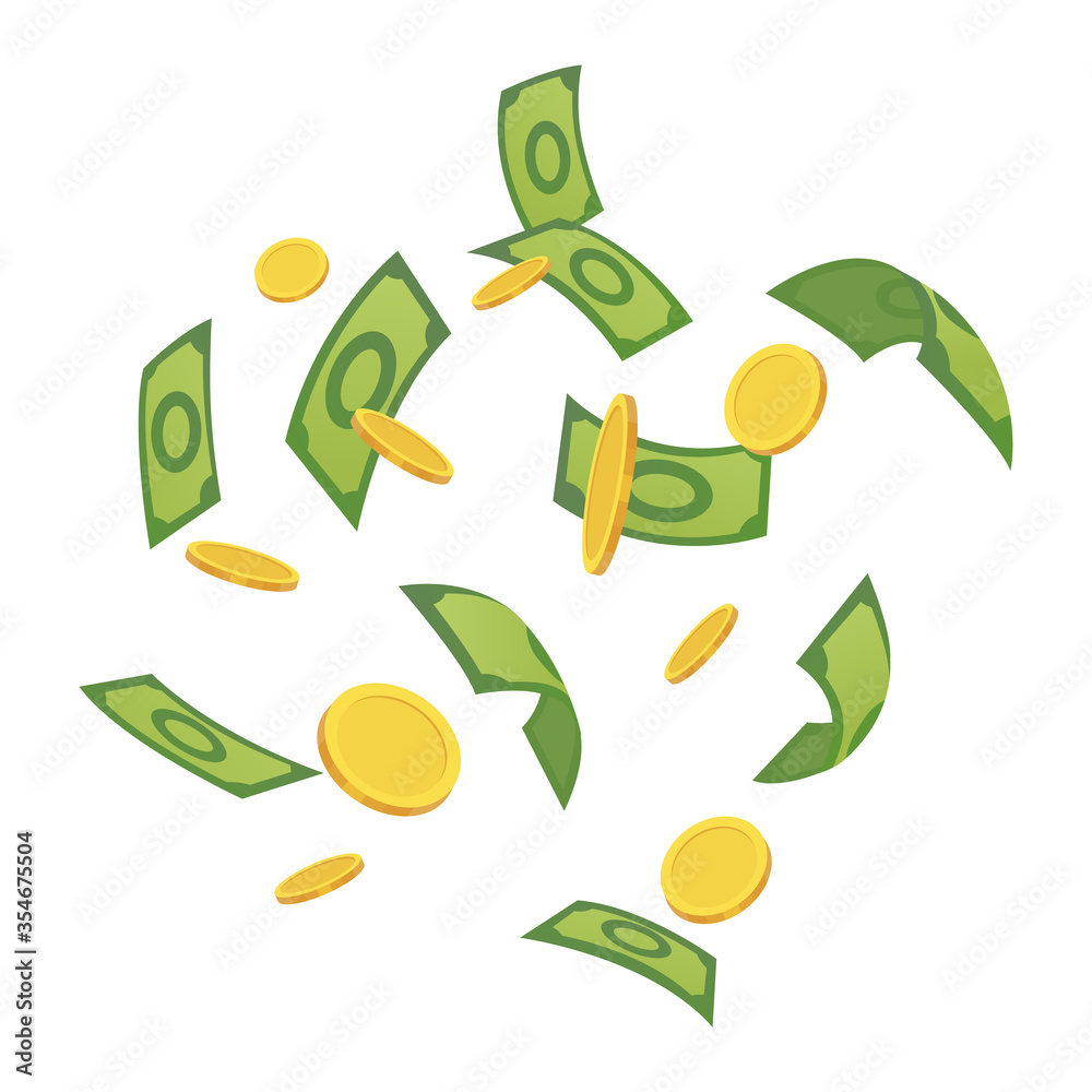 Cartoon money. Green banknote and gold coins cartoon vector ...