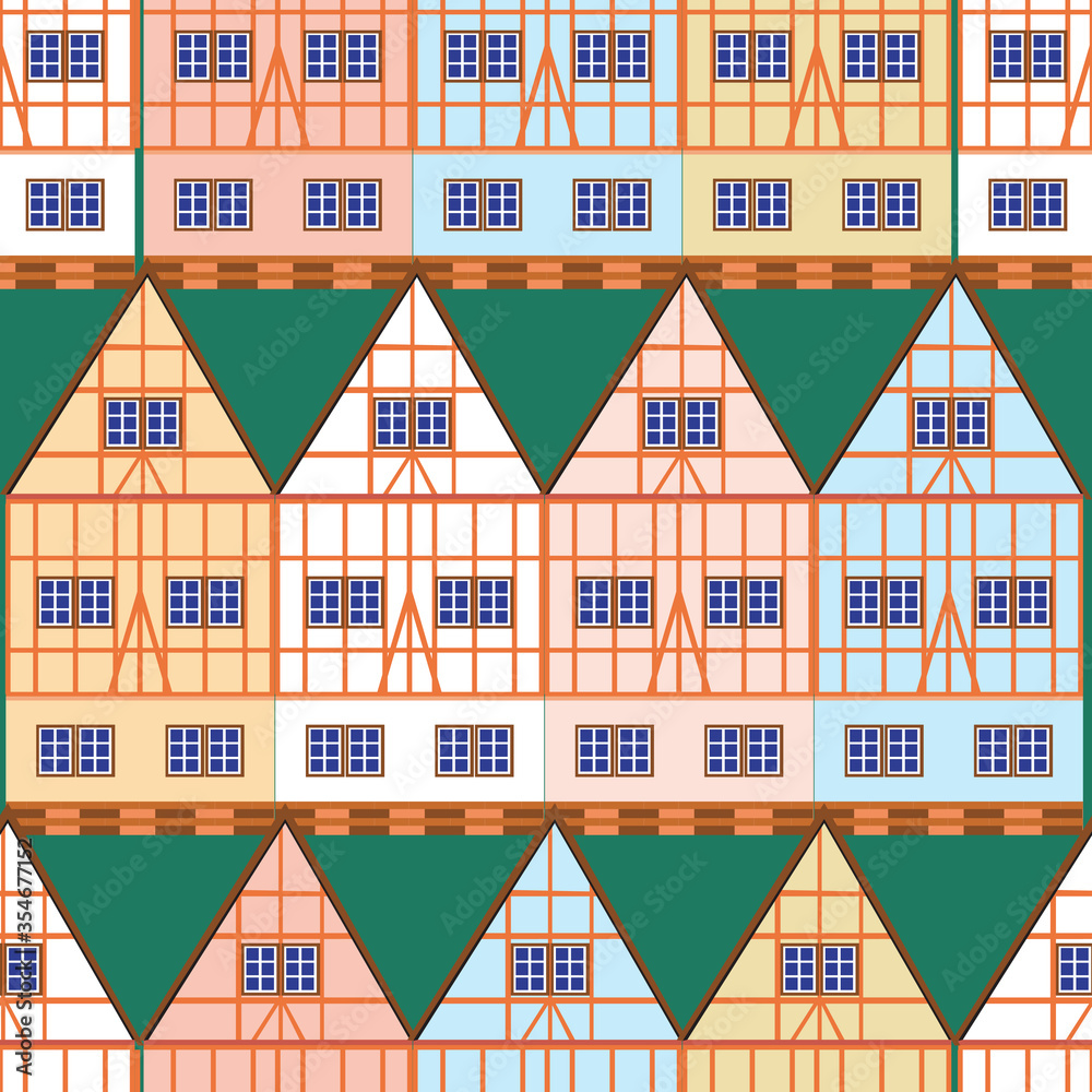 Seamless pattern with a German house with a white facade and wooden ...